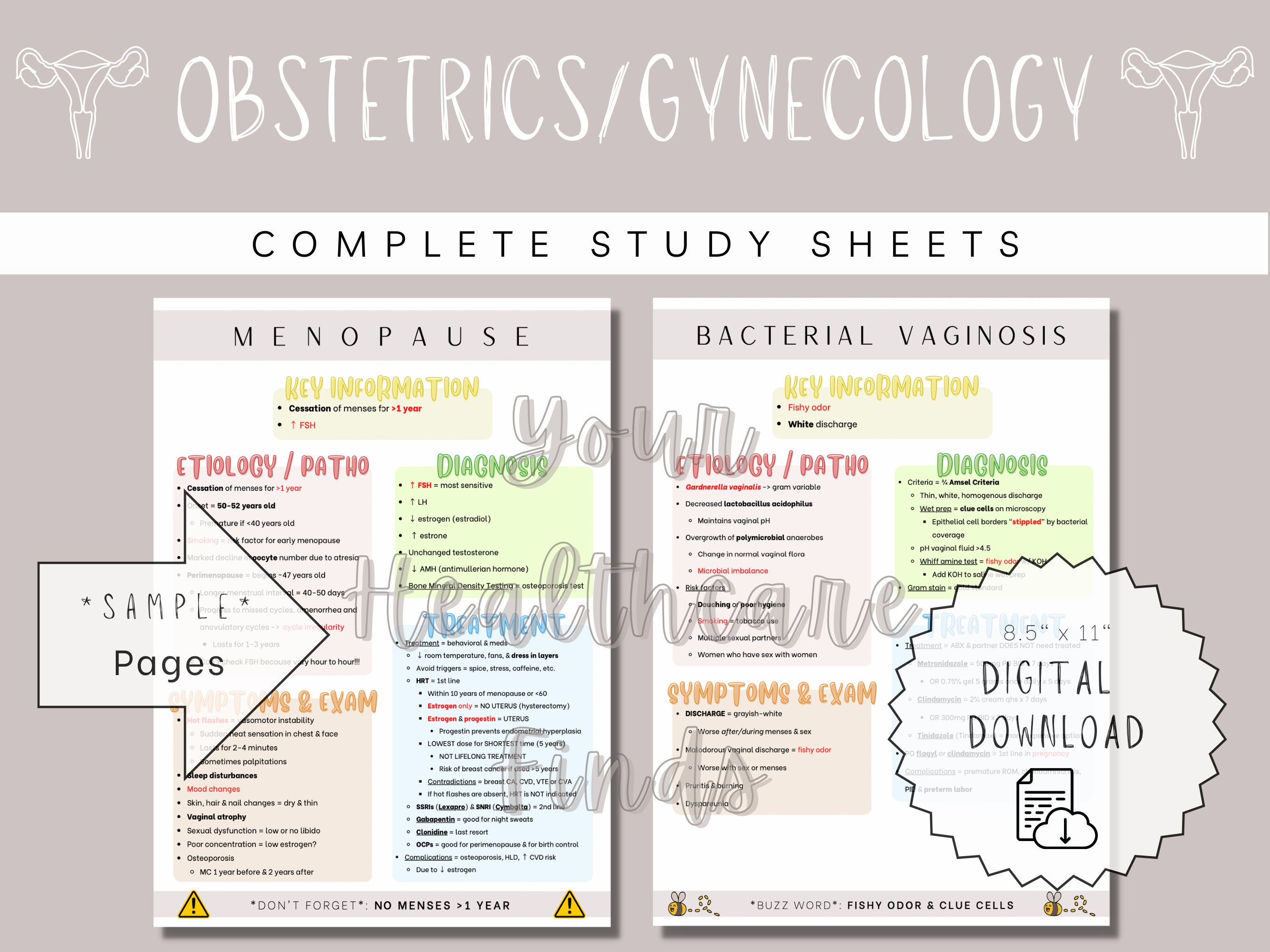 Obstetrics / Gynecology Complete Study Sheets | Study Guide | Physician Assistant Student ...