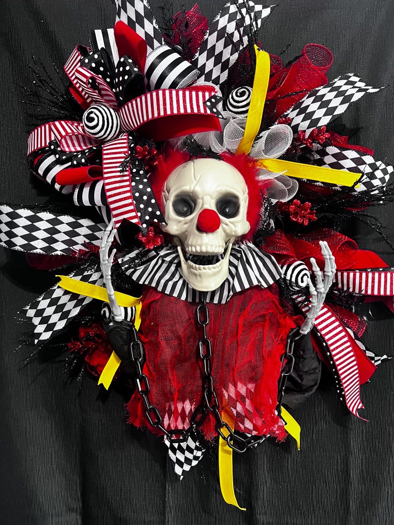 Creepy Clown Halloween Wreath Red Black Harlequin Skeleton Door Decor ...