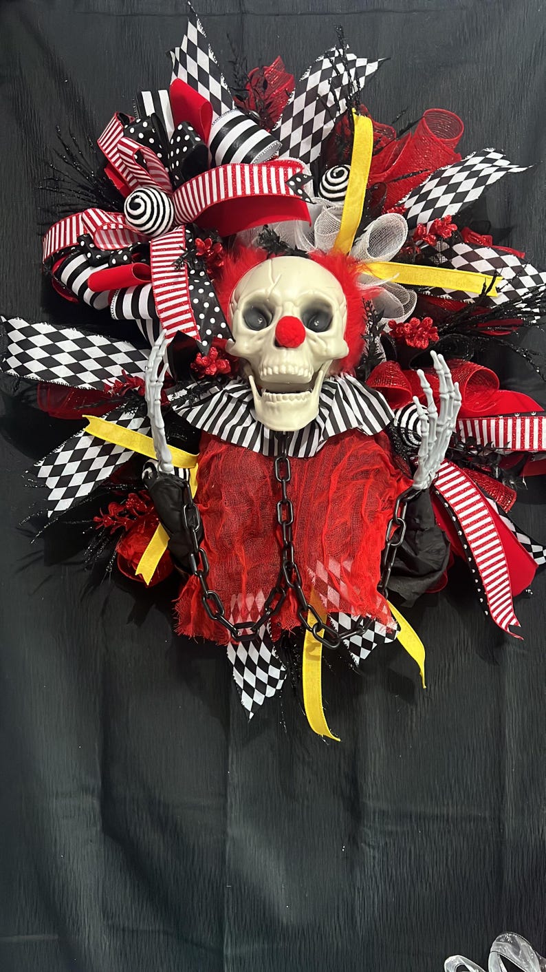 Creepy Clown Halloween Wreath Red Black Harlequin Skeleton Door Decor ...