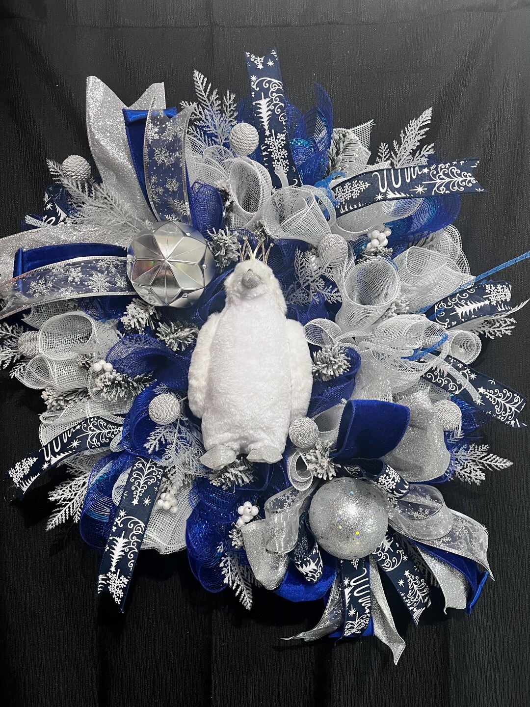 Penguin Christmas Wreath: Royal Blue, Silver Winter Door Swag - Etsy