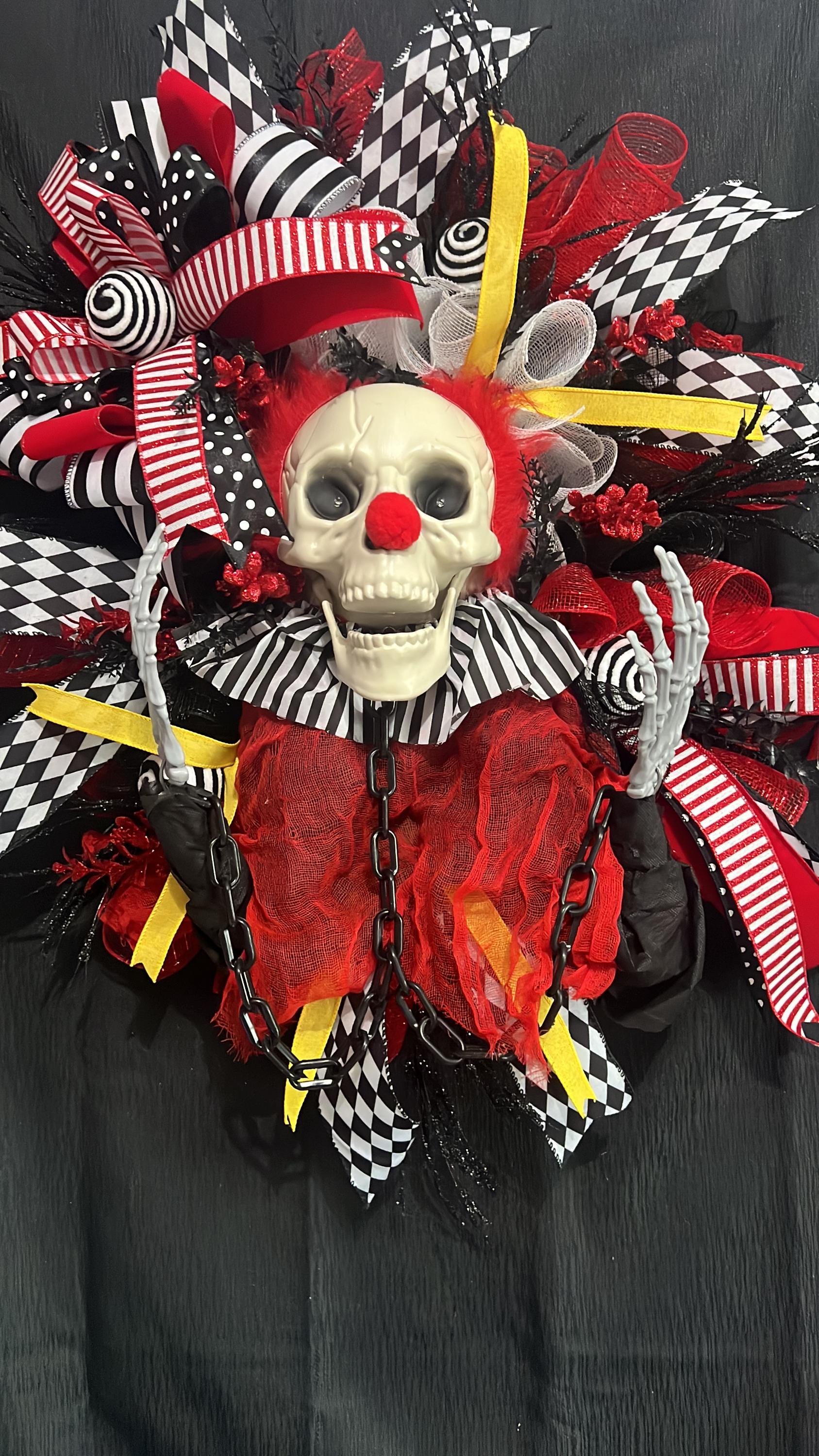 Creepy Clown Halloween Wreath Red Black Harlequin Skeleton Door Decor ...