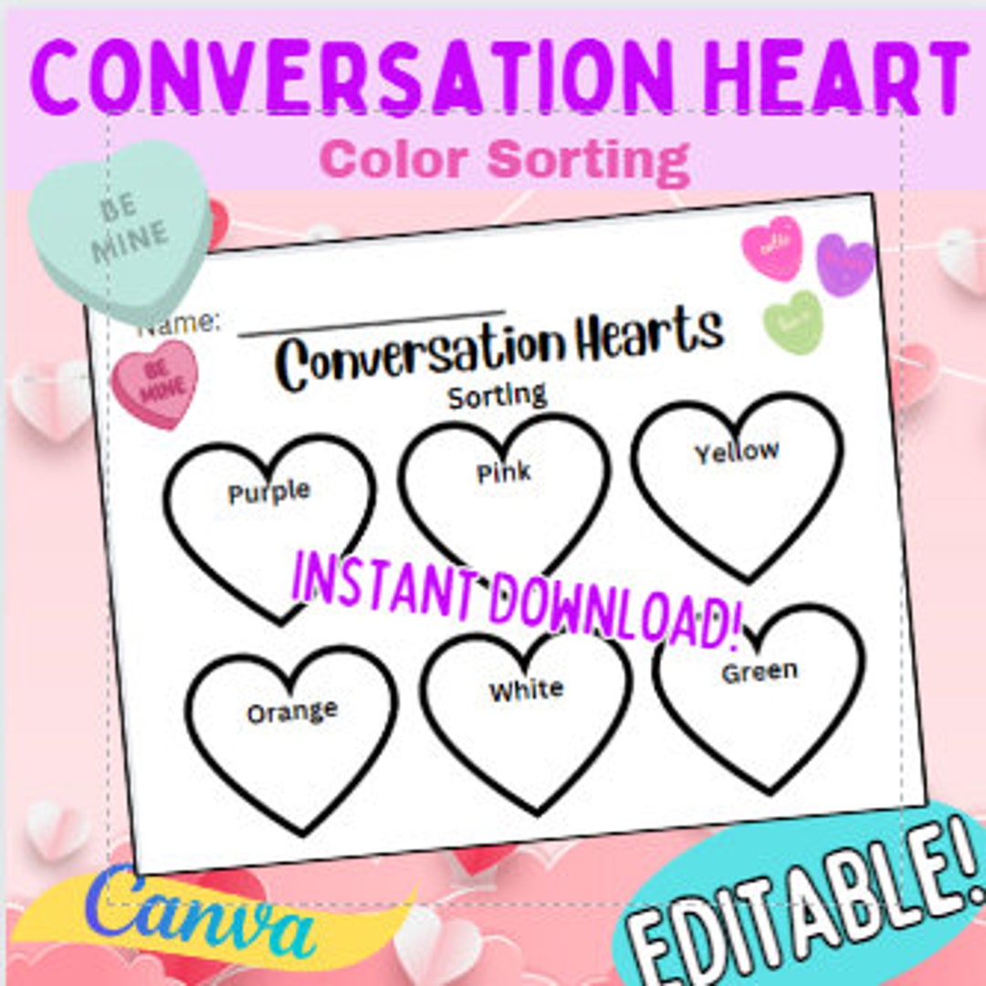 Valentine's Day, Conversation Hearts, Coloring Sorting Activity ...