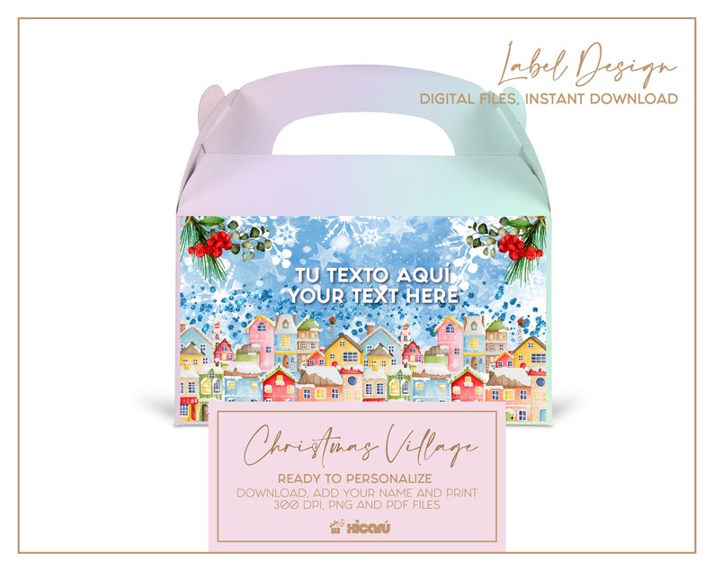 Christmas Village, Gable Box Labels, Treat Box Labels, Editable Party ...