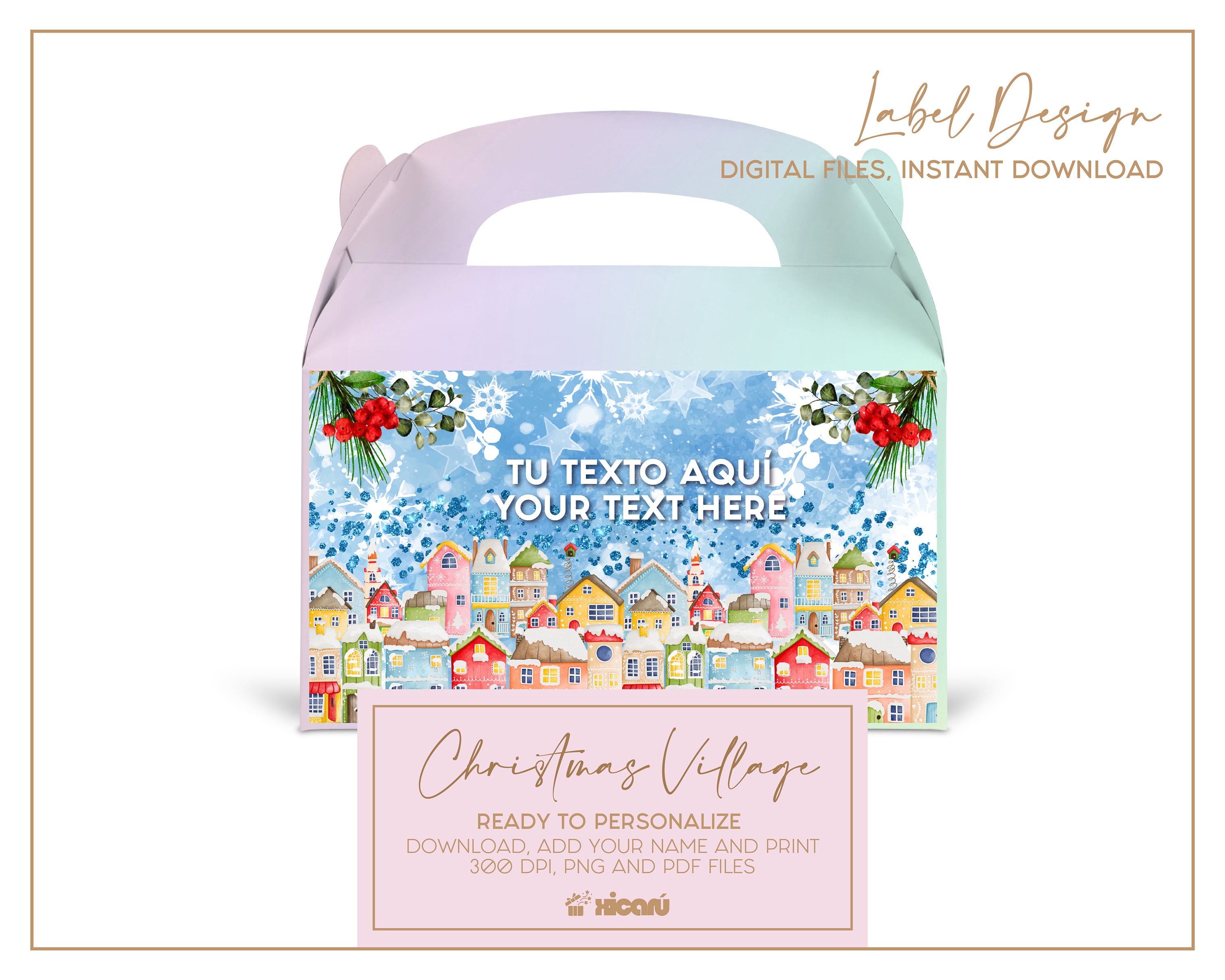 Christmas Village, Gable Box Labels, Treat Box Labels, Editable Party ...