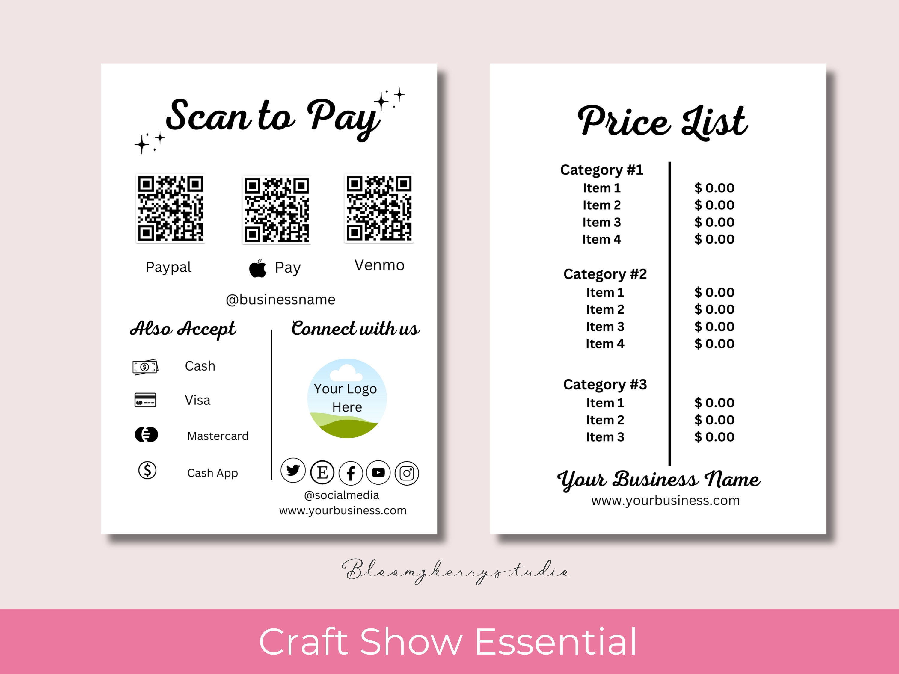 Editable Scan to Pay Sign With Price List Template, Printable Payment ...