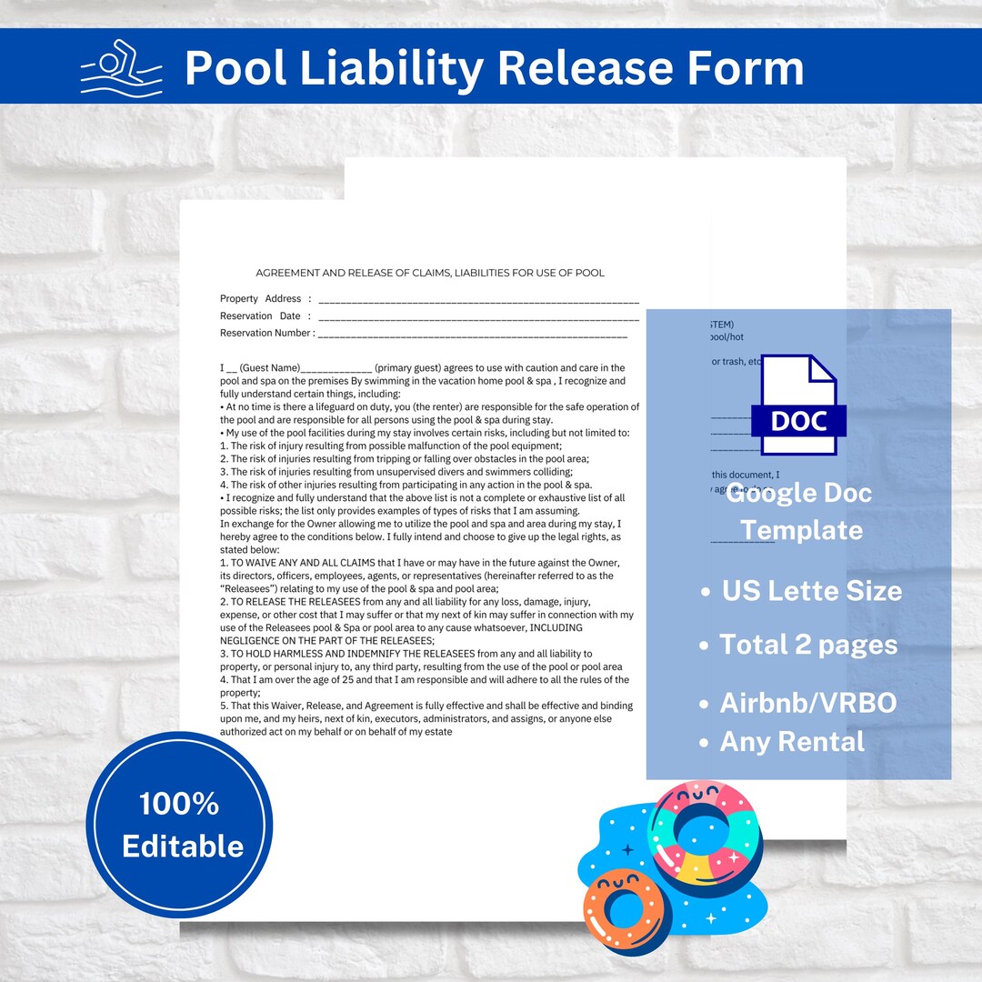 Pool Waiver | Release Form Template | Us Letter Size | Editable ...