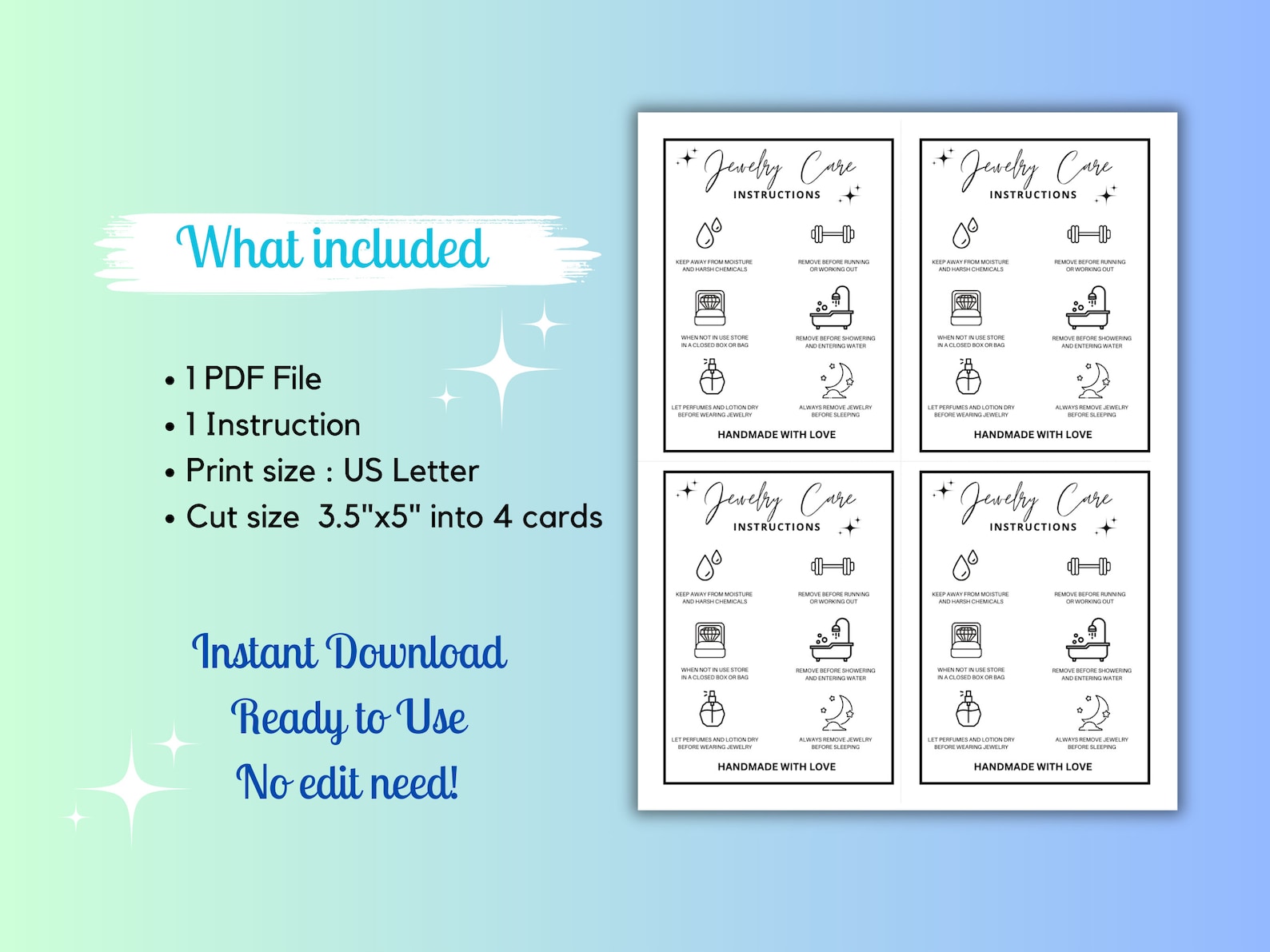 Jewelry Care Card | PDF File | 3.5"x5" | Ready to Print | Jewelry ...