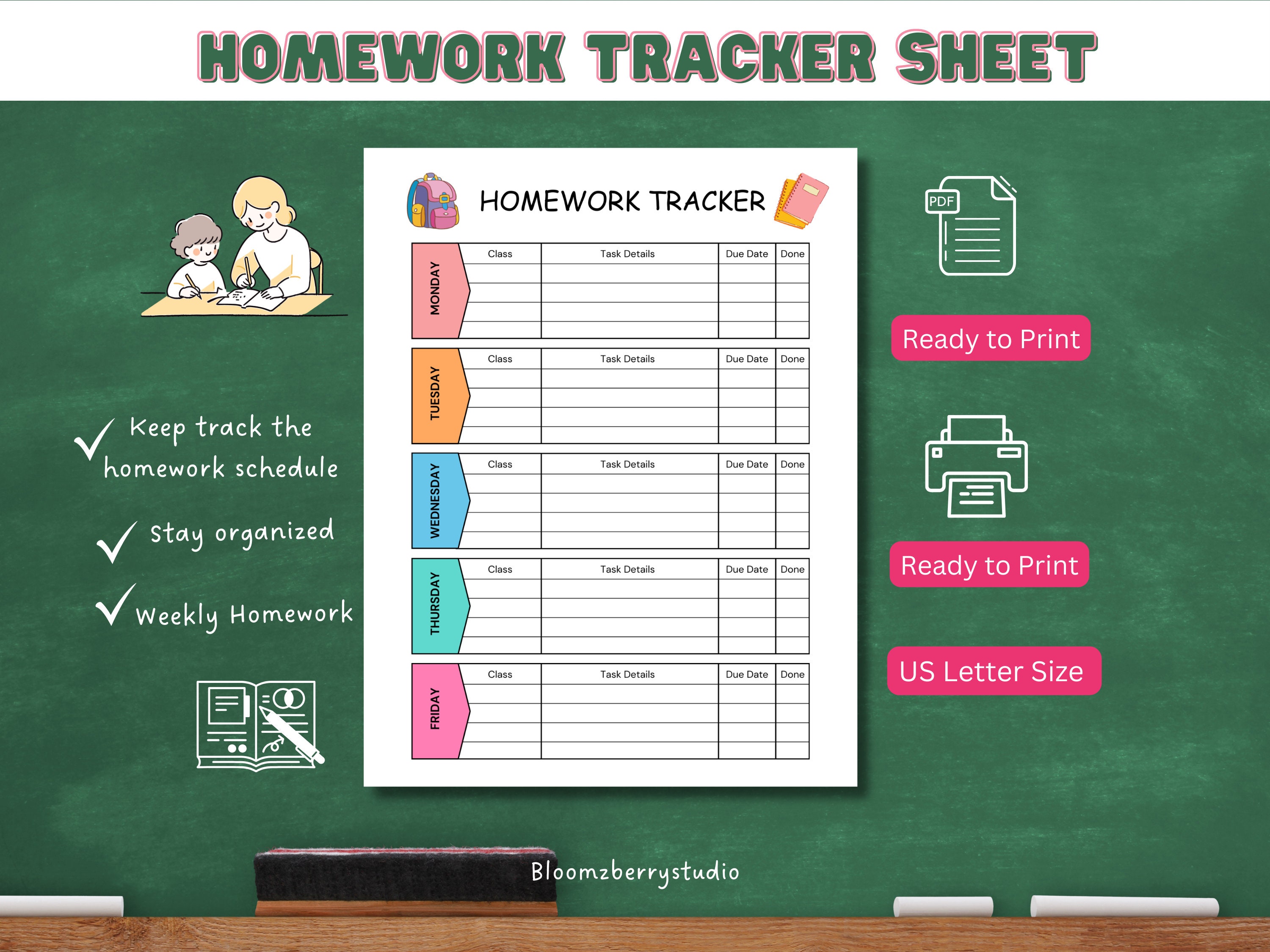 Homework Tracker Template | Us Letter Size | Ready to Print | Homework ...