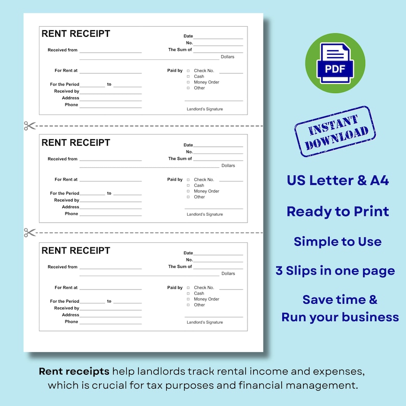 Rent Receipt Form Template | Us Letter & A4 |instant Download | Ready ...