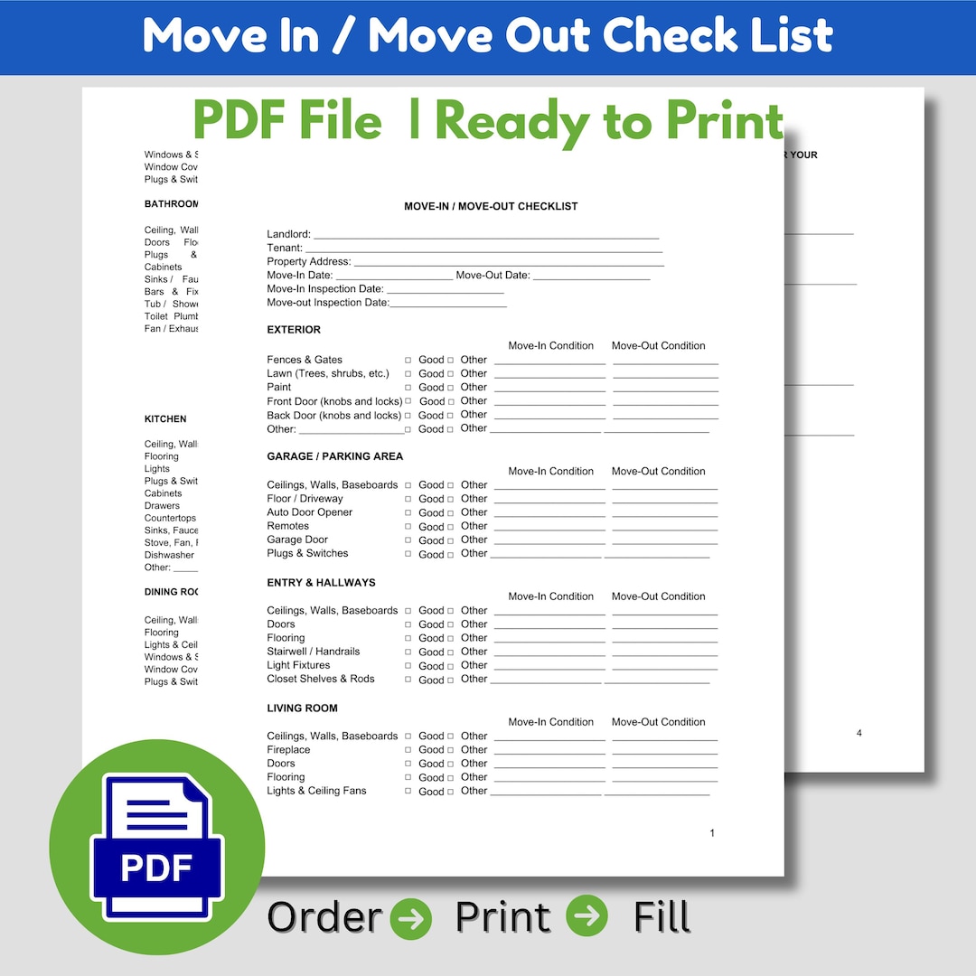 Move in Move Out Check List Form | Us Letter Size | PDF File| Instant ...