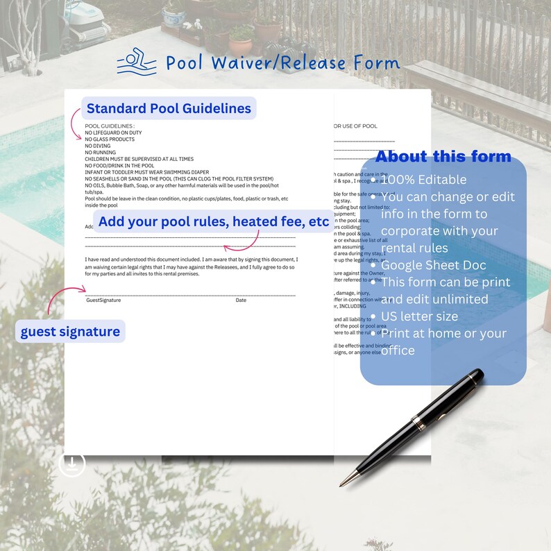 Pool Waiver | Release Form Template | Us Letter Size | Editable ...