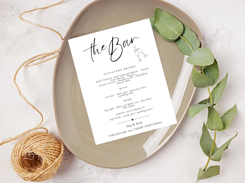 Modern Wedding Bar Menu Template | Size 8x10 | Minimalist Bar Menu ...