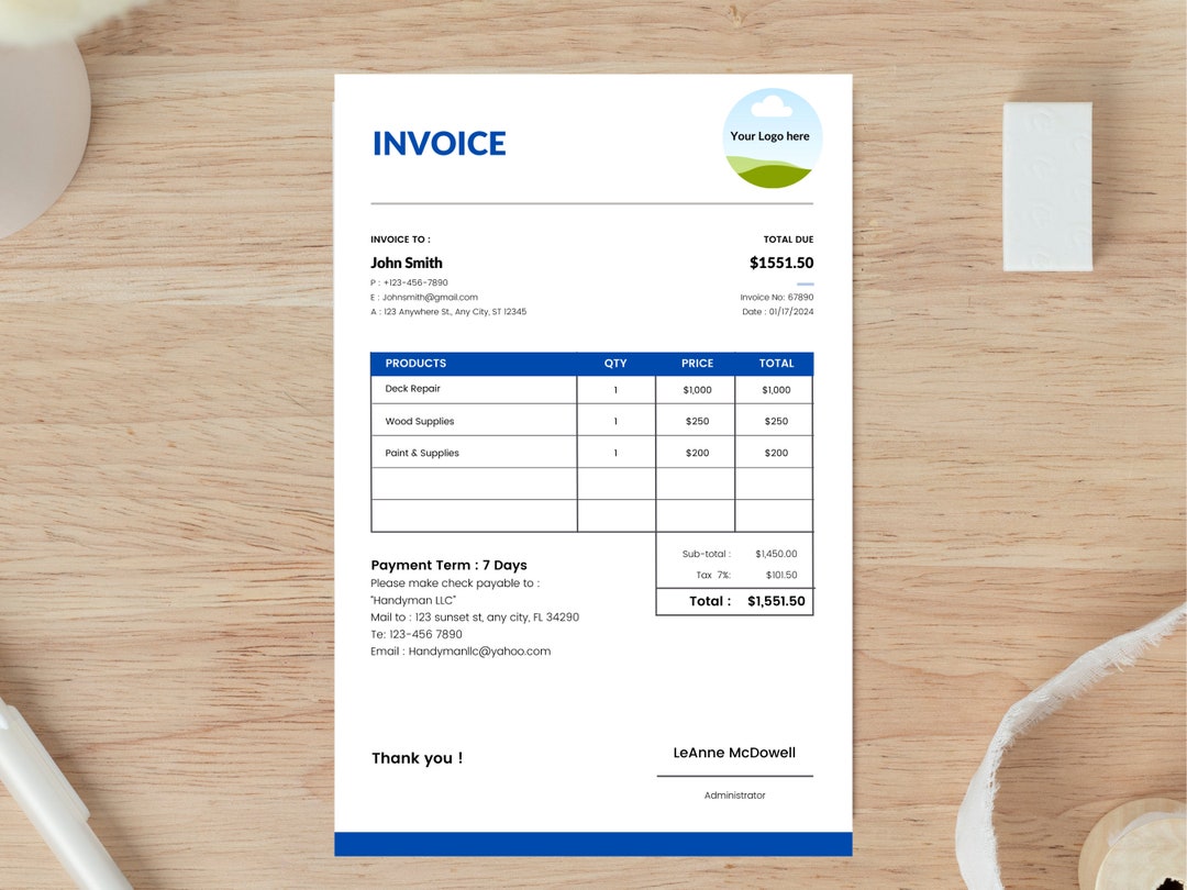 Editable Small Business Invoice Template Canva, Size A4, Printable ...