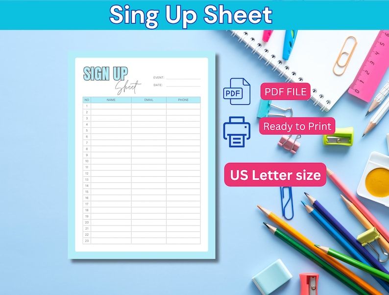 Sing up Sheet Template | Us Letter Size | Ready to Print | Sing up ...