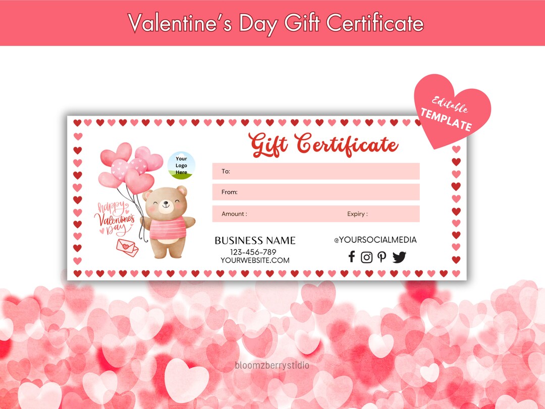 Valentine's Day Gift Voucher With Bear | Gift Certificate Editable ...