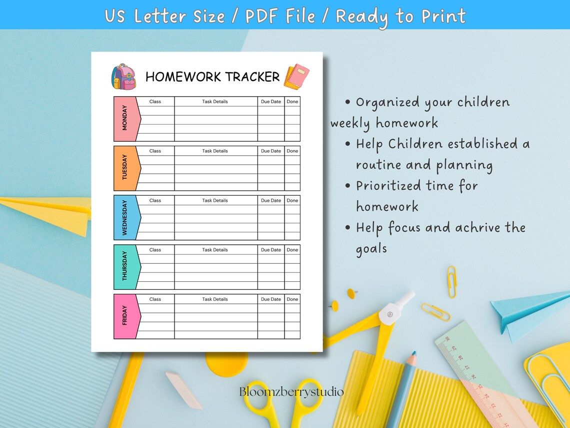 Homework Tracker Template | Us Letter Size | Ready to Print | Homework ...