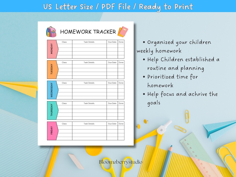Homework Tracker Template | Us Letter Size | Ready to Print | Homework ...