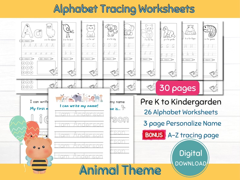 Custom Name Tracing Bundle, Handwriting Practice Sheet, Animal Theme ...