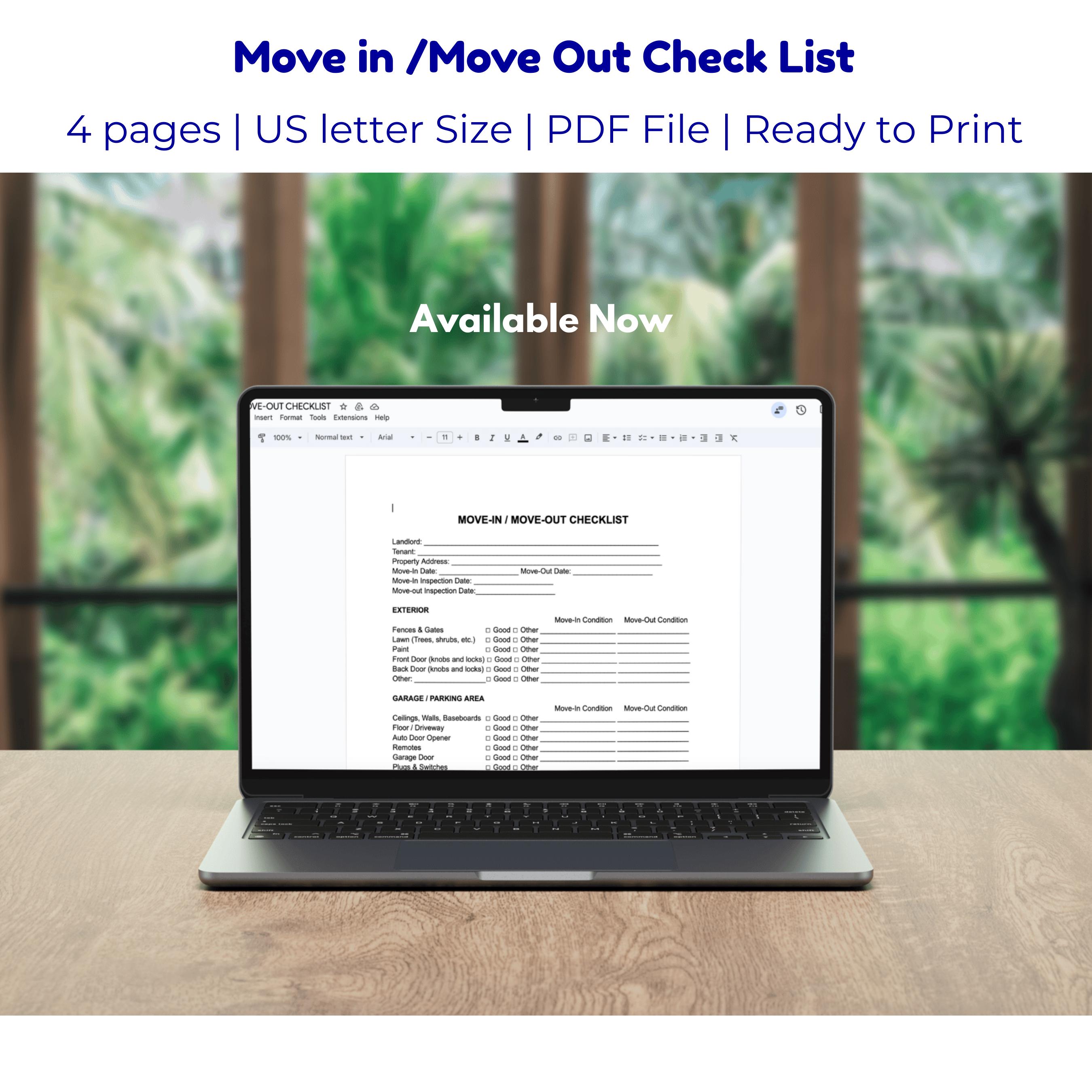 Move in Move Out Check List Form | Us Letter Size | PDF File| Instant ...