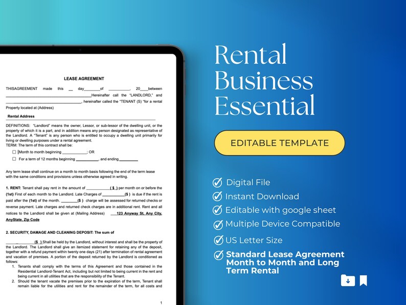 Lease Agreement Template | Us Letter Size | Editable Template | Instant ...