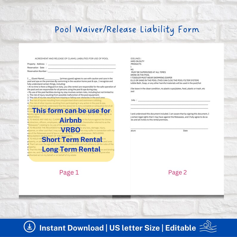 Pool Waiver | Release Form Template | Us Letter Size | Editable ...
