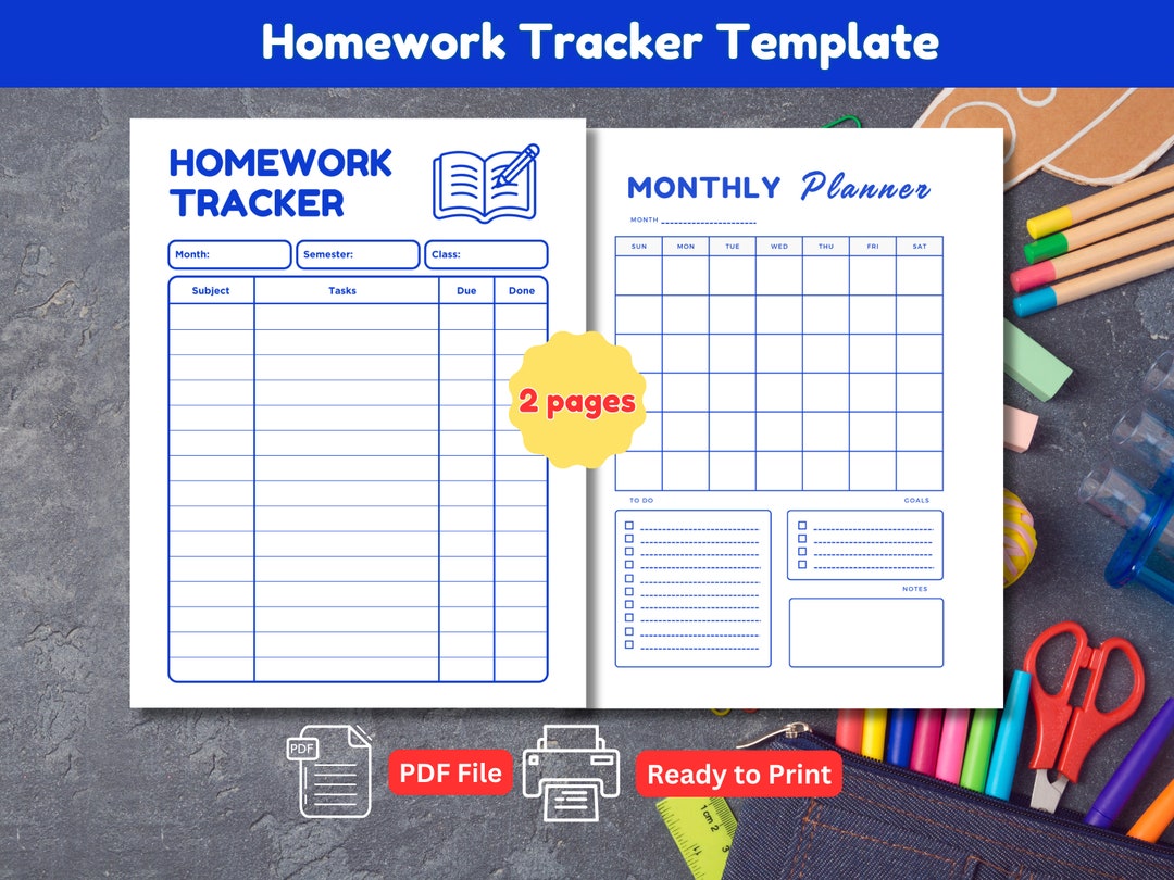 Homework Tracker and Monthly Planner Template | Us Letter Size | Ready ...