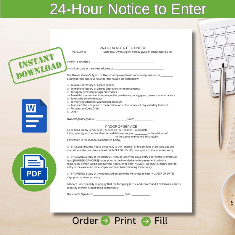 24-hour Notice to Enter Form | Us Letter Size | PDF and Word File ...