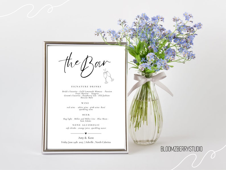 Modern Wedding Bar Menu Template | Size 8x10 | Minimalist Bar Menu ...