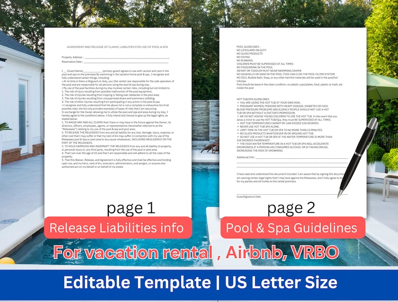 Pool & Spa Release Form Template | Us Letter Size | Editable Template ...