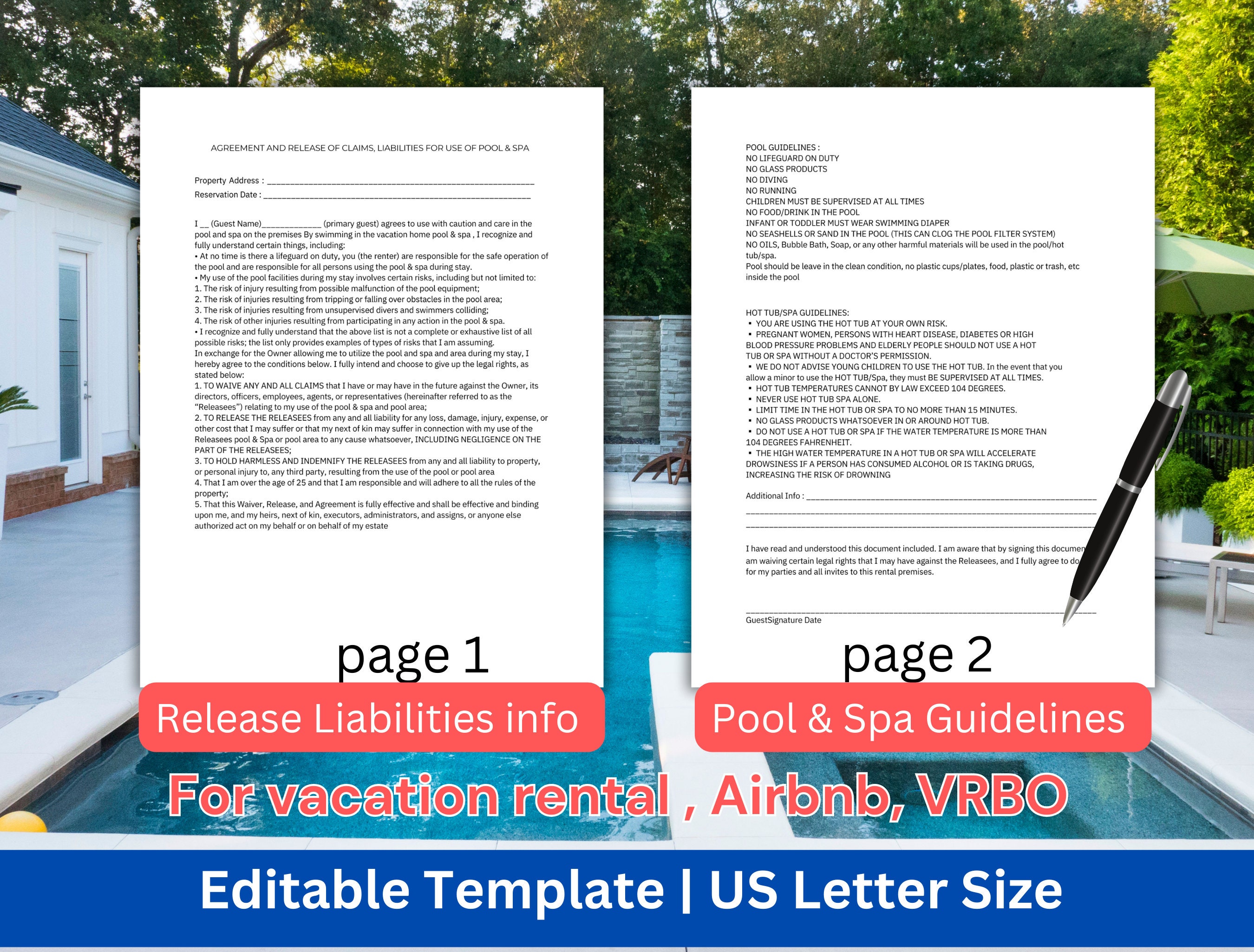 Pool & Spa Release Form Template | Us Letter Size | Editable Template ...