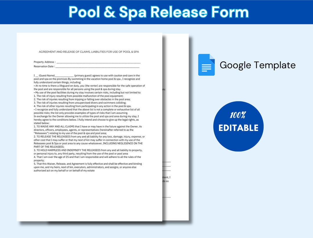 Pool & Spa Release Form Template | Us Letter Size | Editable Template ...