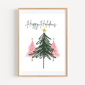 Happy Holidays With Pink and Green Trees Print Printable Wall Art ...
