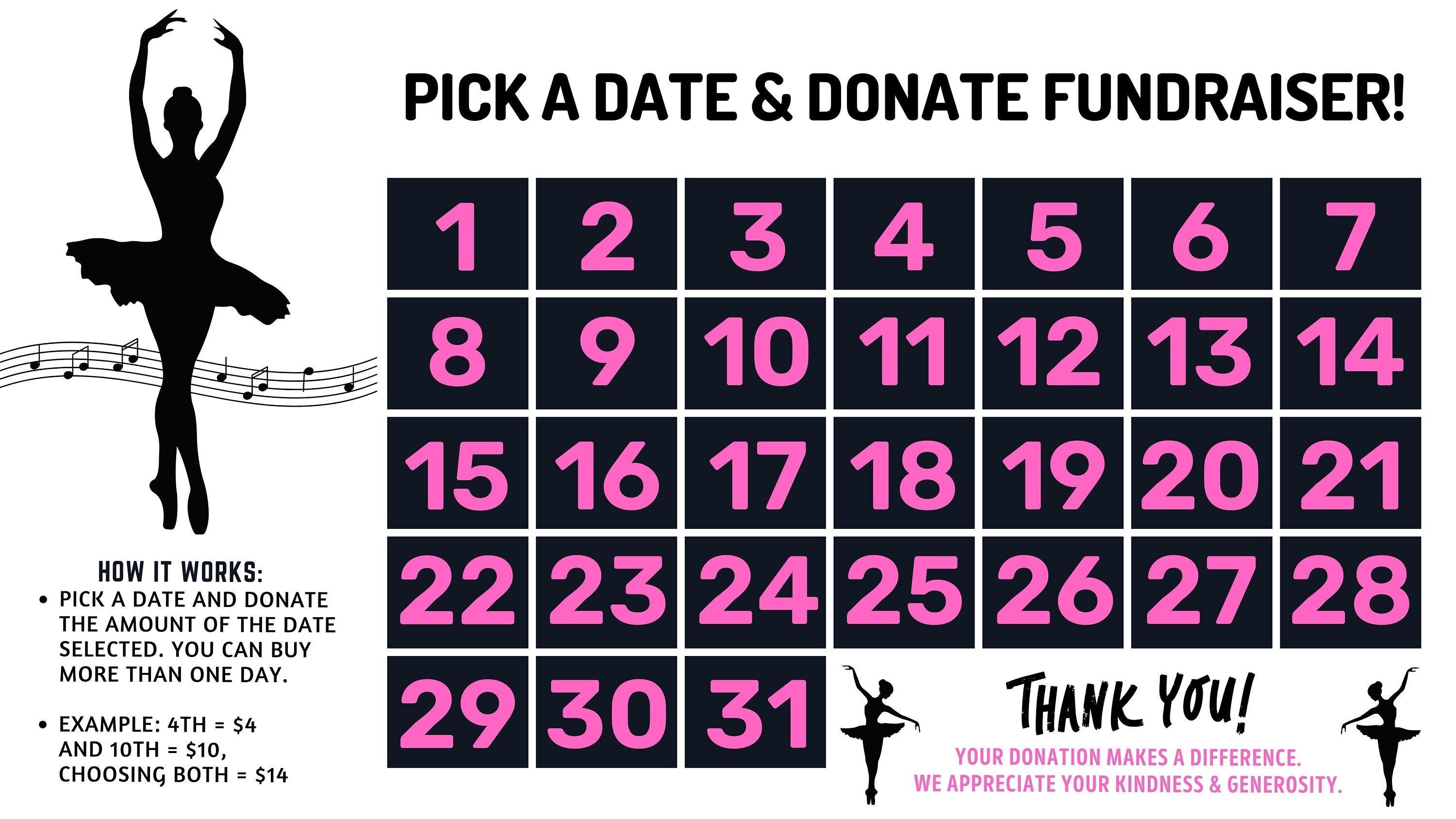 Dance or Ballet Fundraiser - Pick a Date & Donate! Calendar Fundraiser ...