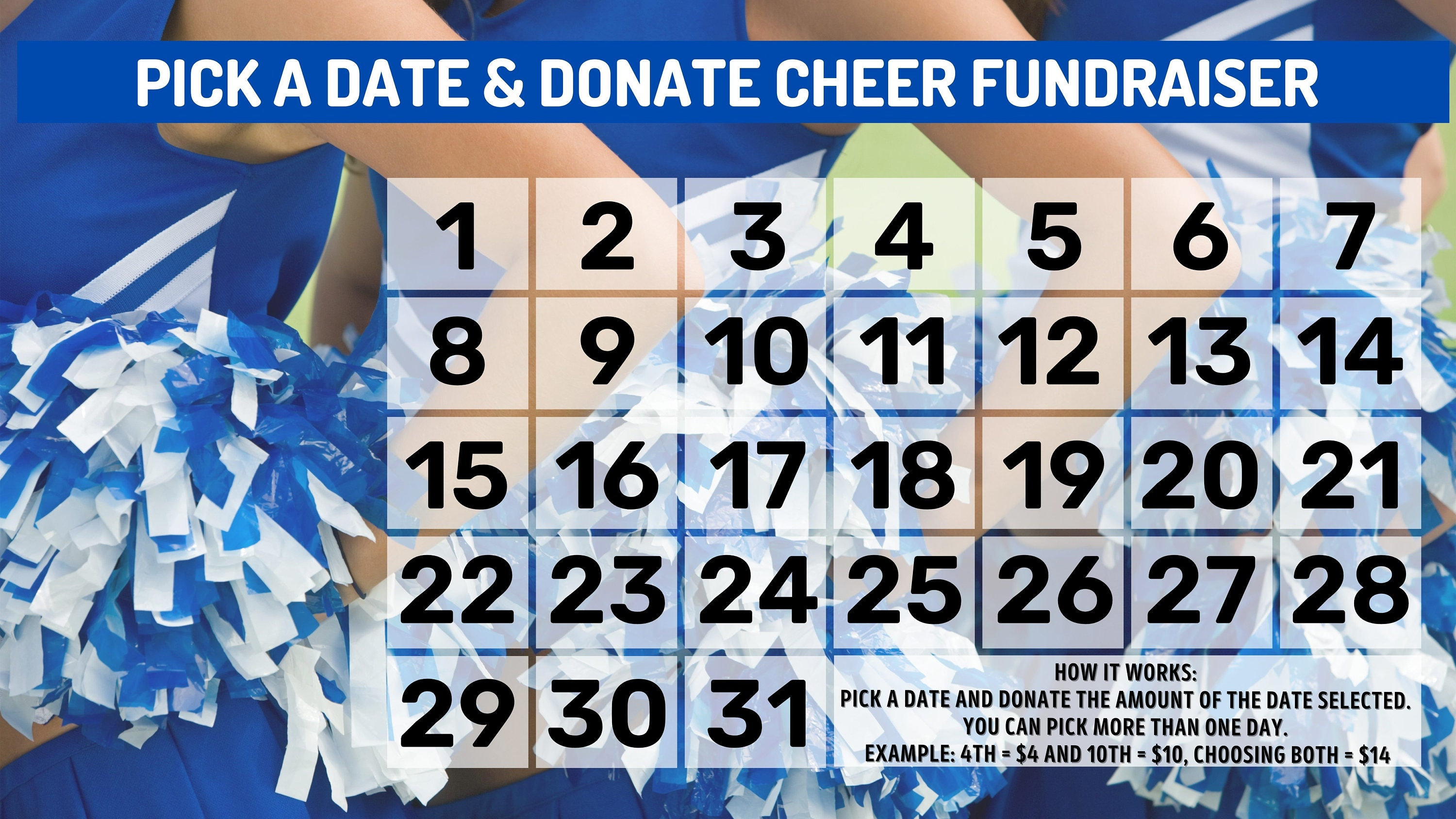 Cheerleading Fundraiser - Pick a Date & Donate! Calendar Fundraiser ...