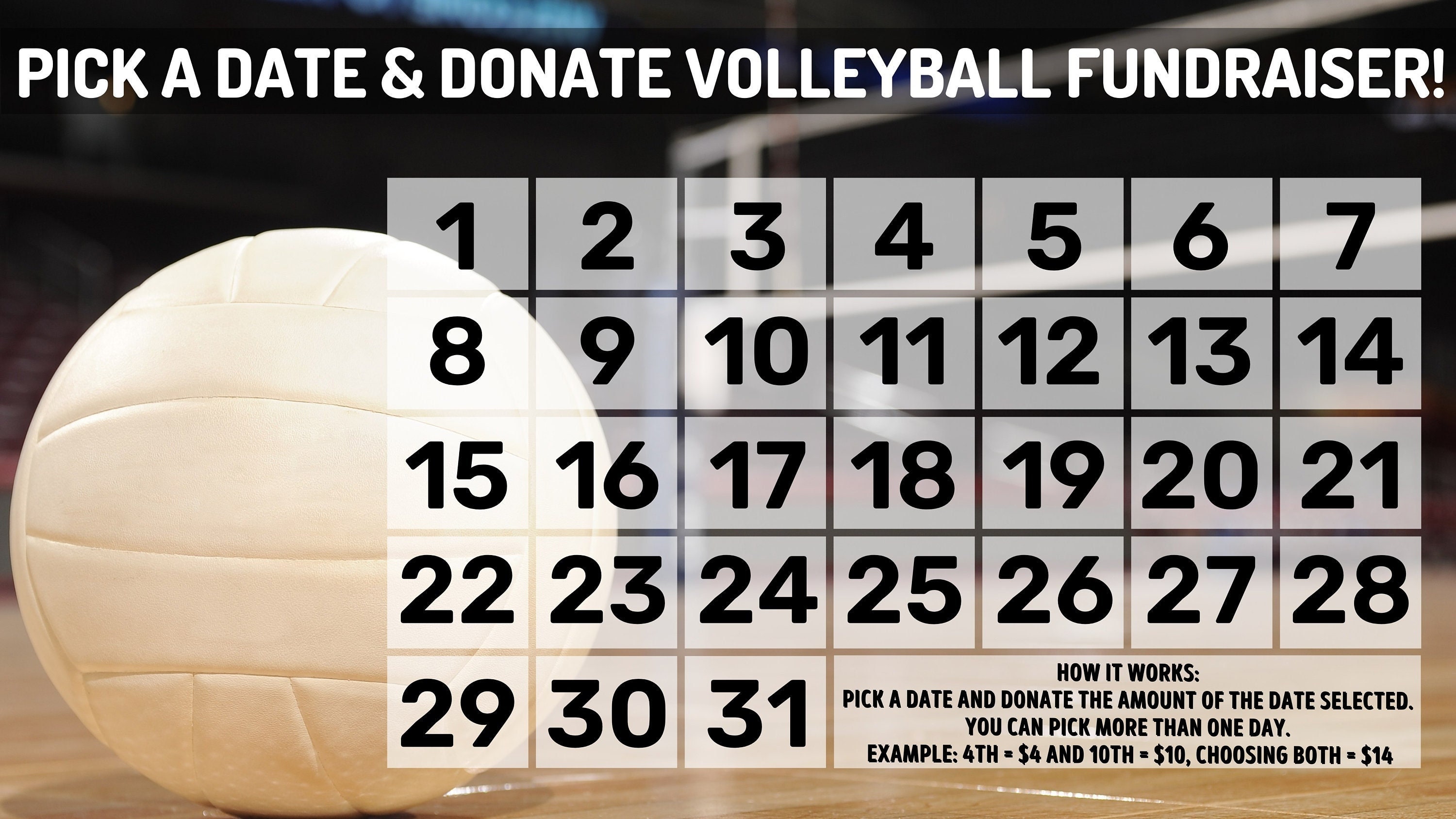 Volleyball Fundraiser - Pick a Date & Donate! Calendar Fundraiser, Pick ...