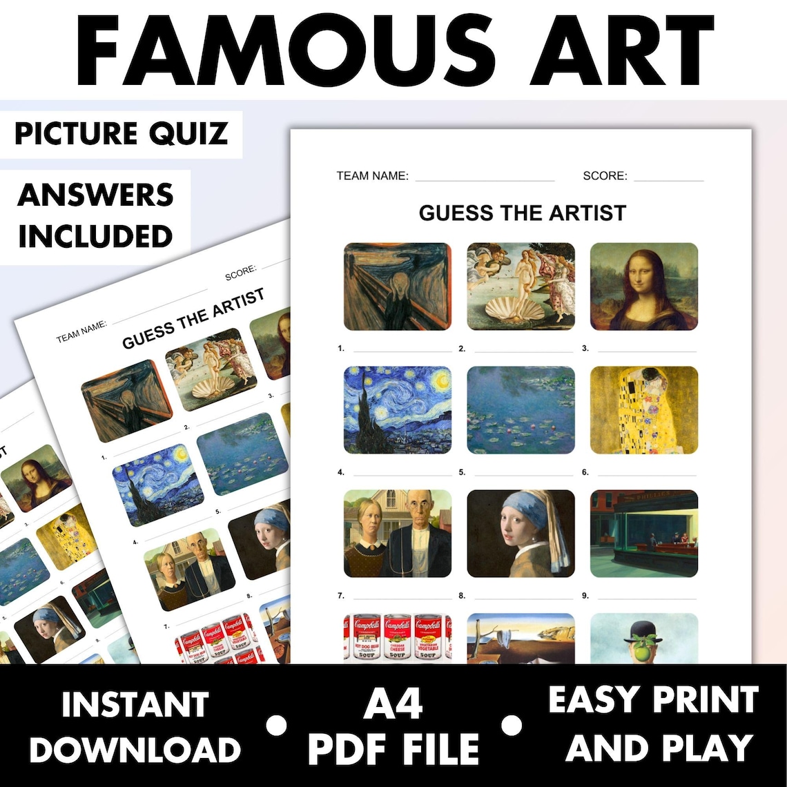 Famous Art Picture Quiz • Pub Quiz Picture Round • Printable Game Trivia With Answers • Guess ...