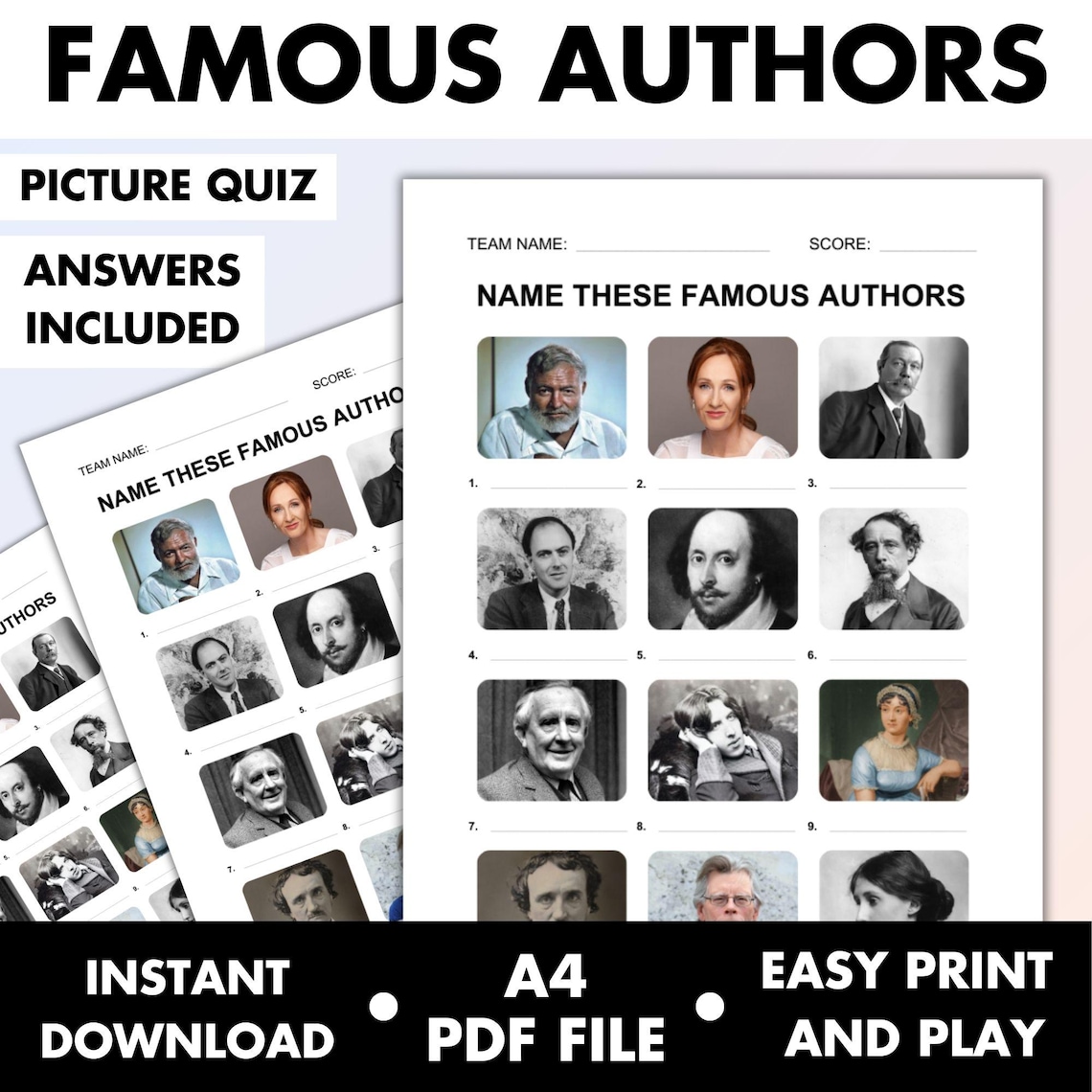 Famous Authors Picture Quiz • Printable Pub Picture Round • English ...