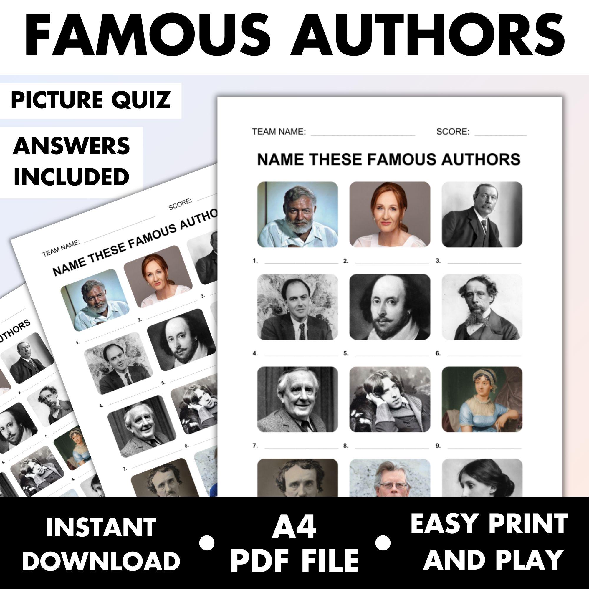 Famous Authors Picture Quiz • Printable Pub Picture Round • English ...