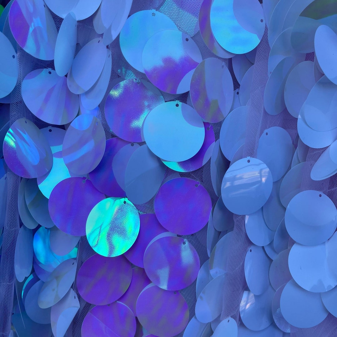 BIG PAILLETTE PINK White Iridescent Big Round Paillette on Stretch Mesh ...