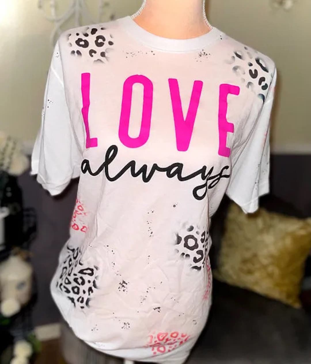 Love Always Black/pink Leopard Spots Splatter Dyed T Size L - Etsy