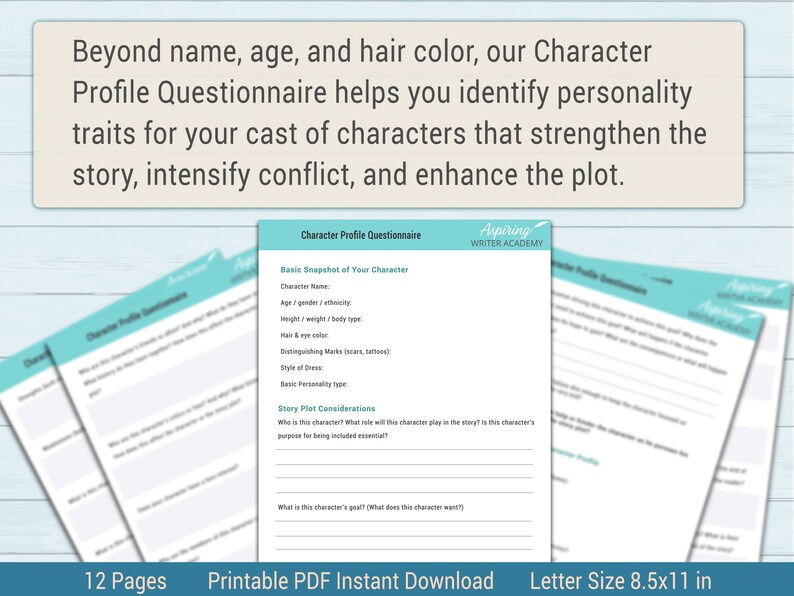 Novel Writing Fictional Character Questionnaire | Character Template ...