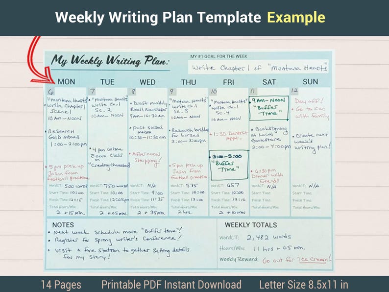 Weekly Writing Plan Template Weekly Planner Digital or Printable PDF ...