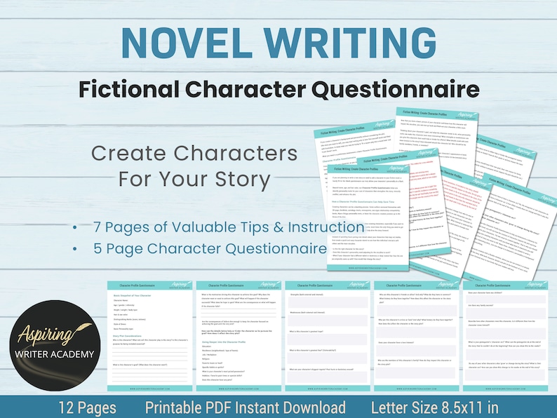 Novel Writing Fictional Character Questionnaire | Character Template ...