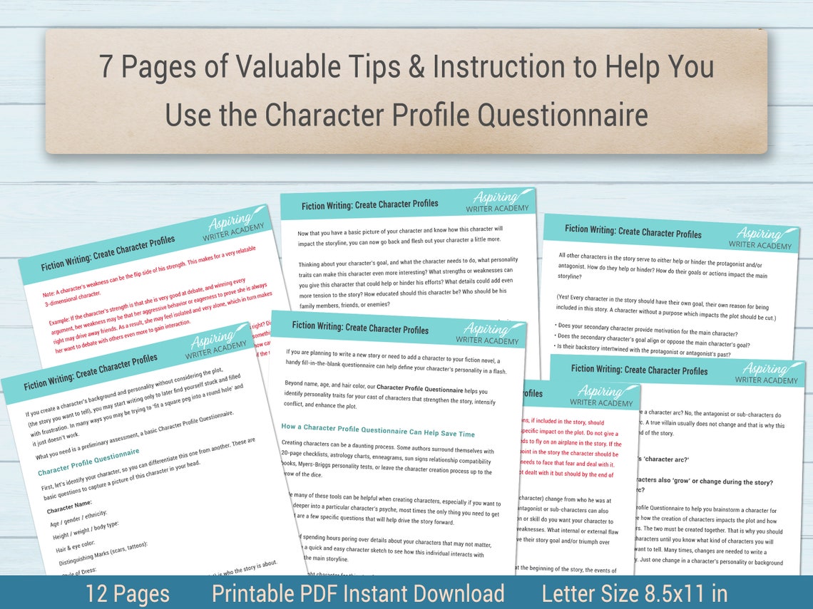 Novel Writing Fictional Character Questionnaire | Character Template ...