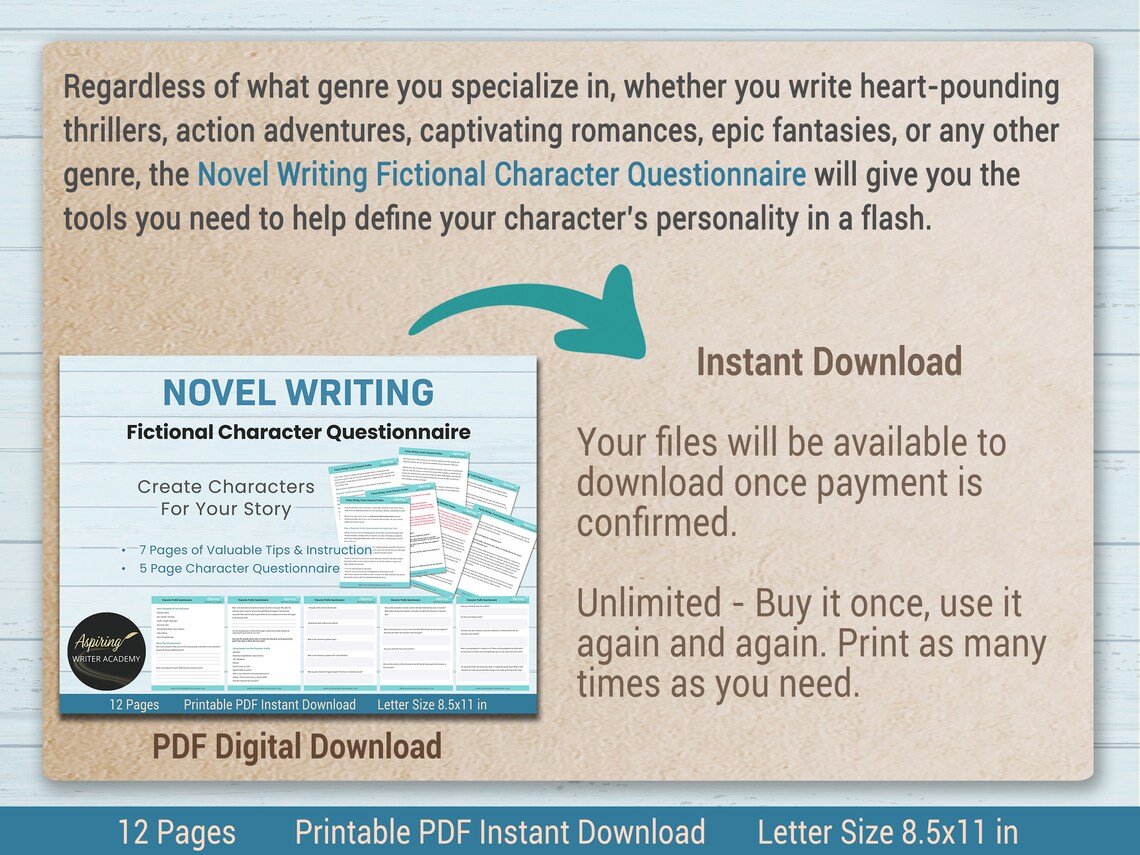 Novel Writing Fictional Character Questionnaire | Character Template ...