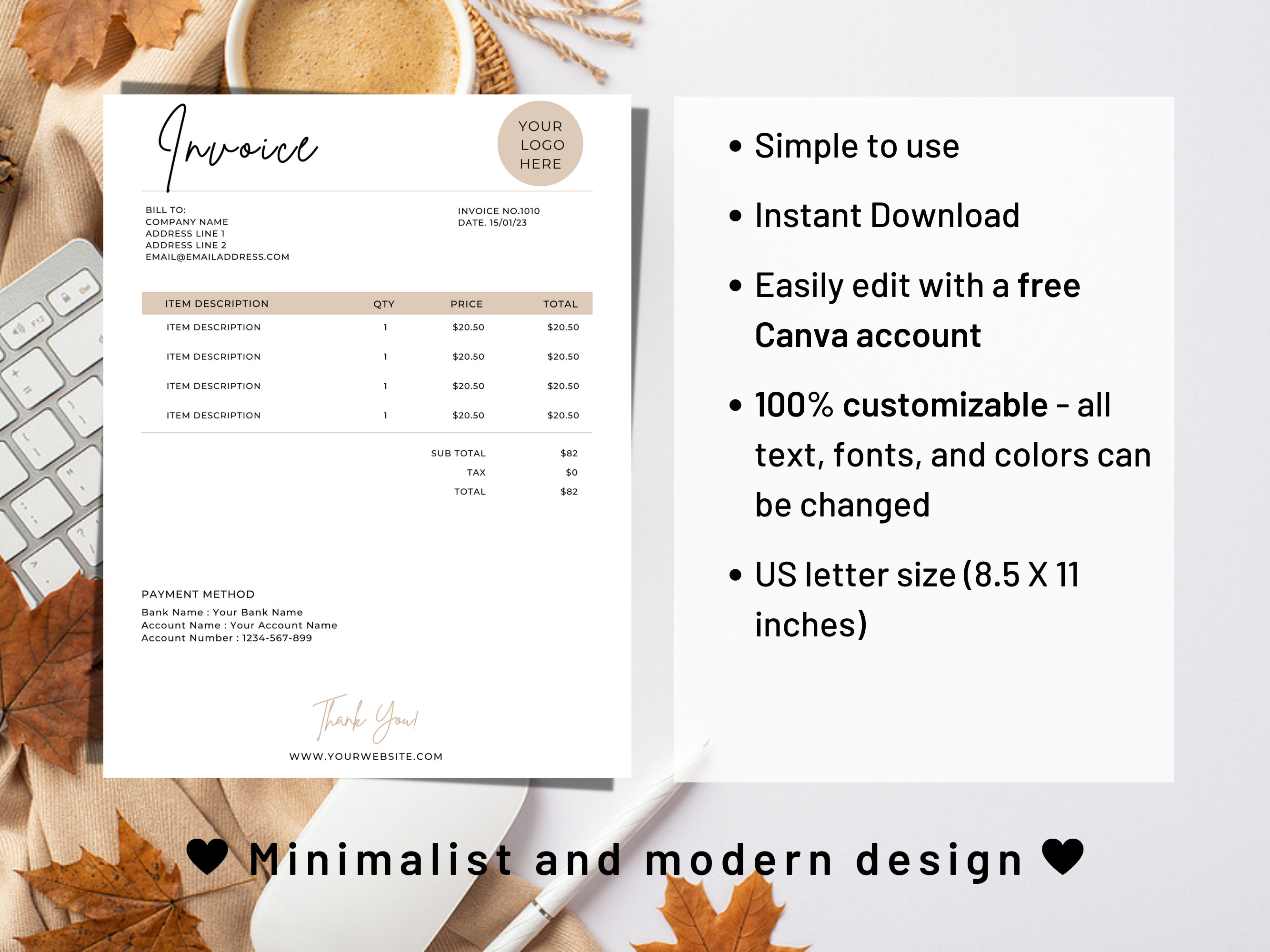 Minimalist Invoice Template, Receipt Template, Invoice Template for ...