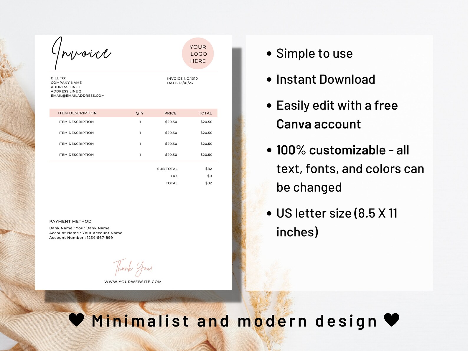 Pink Invoice Template, Receipt Template, Invoice Template for Small ...