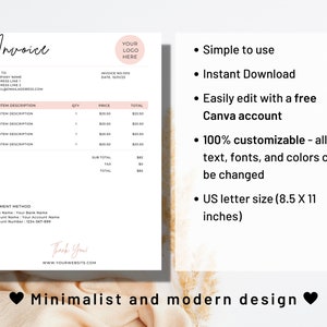Pink Invoice Template, Receipt Template, Invoice Template for Small ...