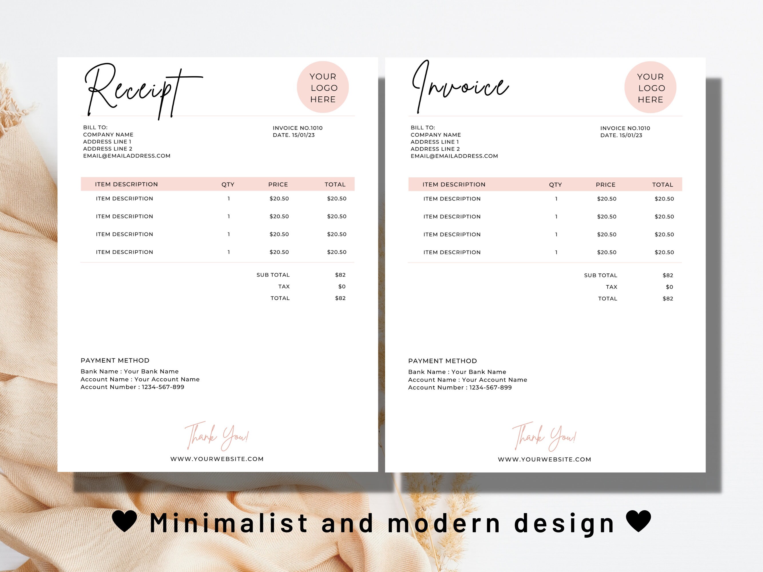 Pink Invoice Template, Receipt Template, Invoice Template for Small ...