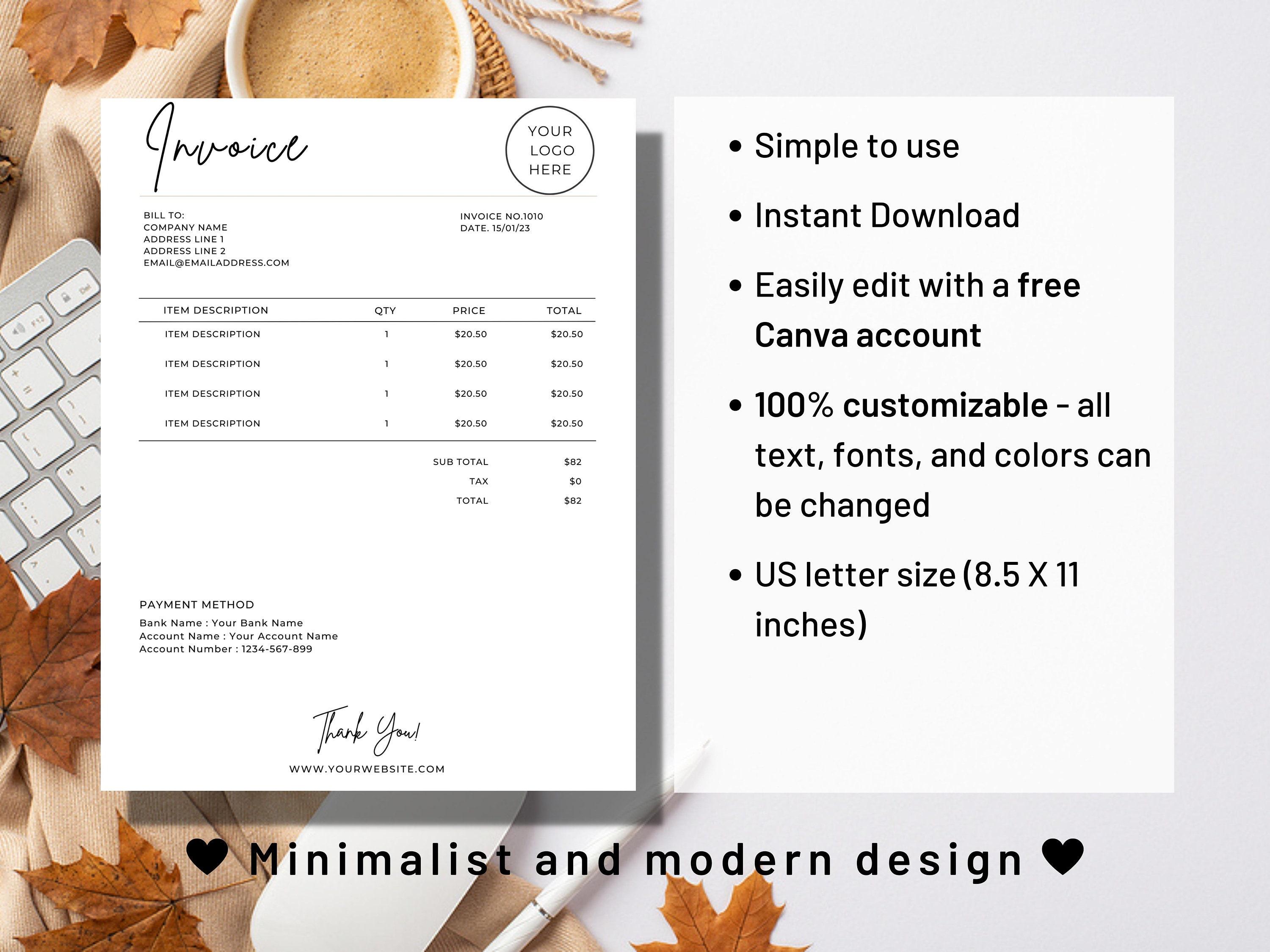 Minimalist Invoice Template, Receipt Template, Invoice Template for ...